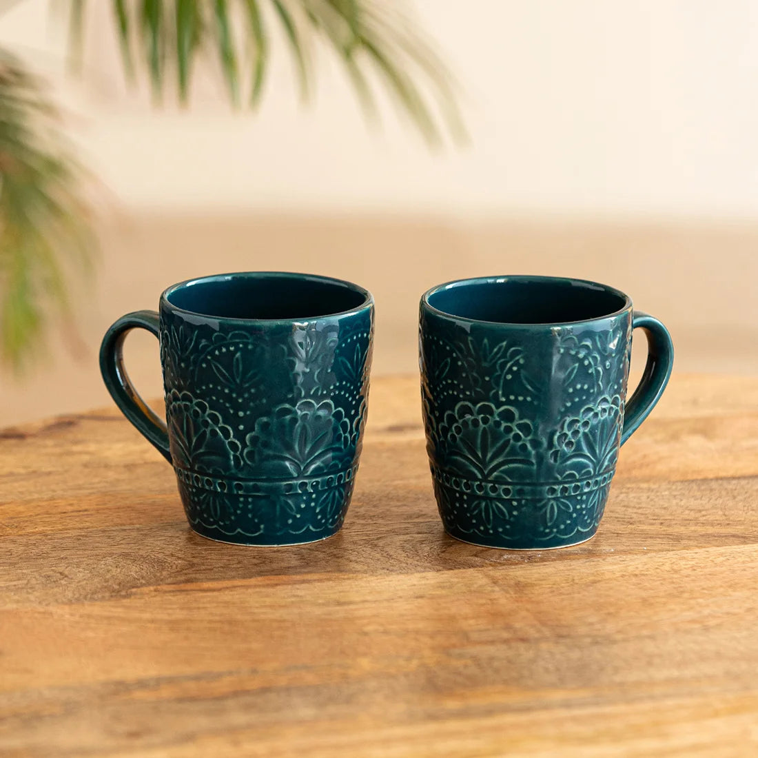 'Teal Forest' Hand Glazed Ceramic Tea & Coffee Mugs (Set of 2, 180 ml ...