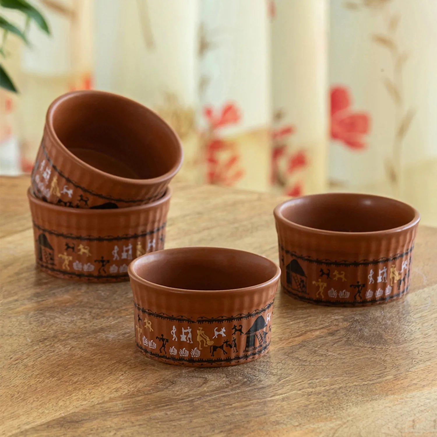 ExclusiveLane 'Warli Village Tales' Handcrafted Ceramic Dinner Bowls/K