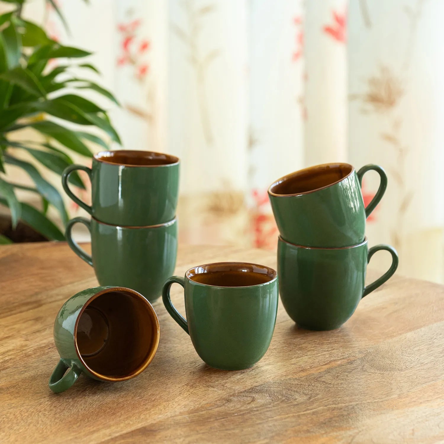 ExclusiveLane 'Forest Canopy' Ceramic Tea Cups (Set of 6, 190 ML, Micr