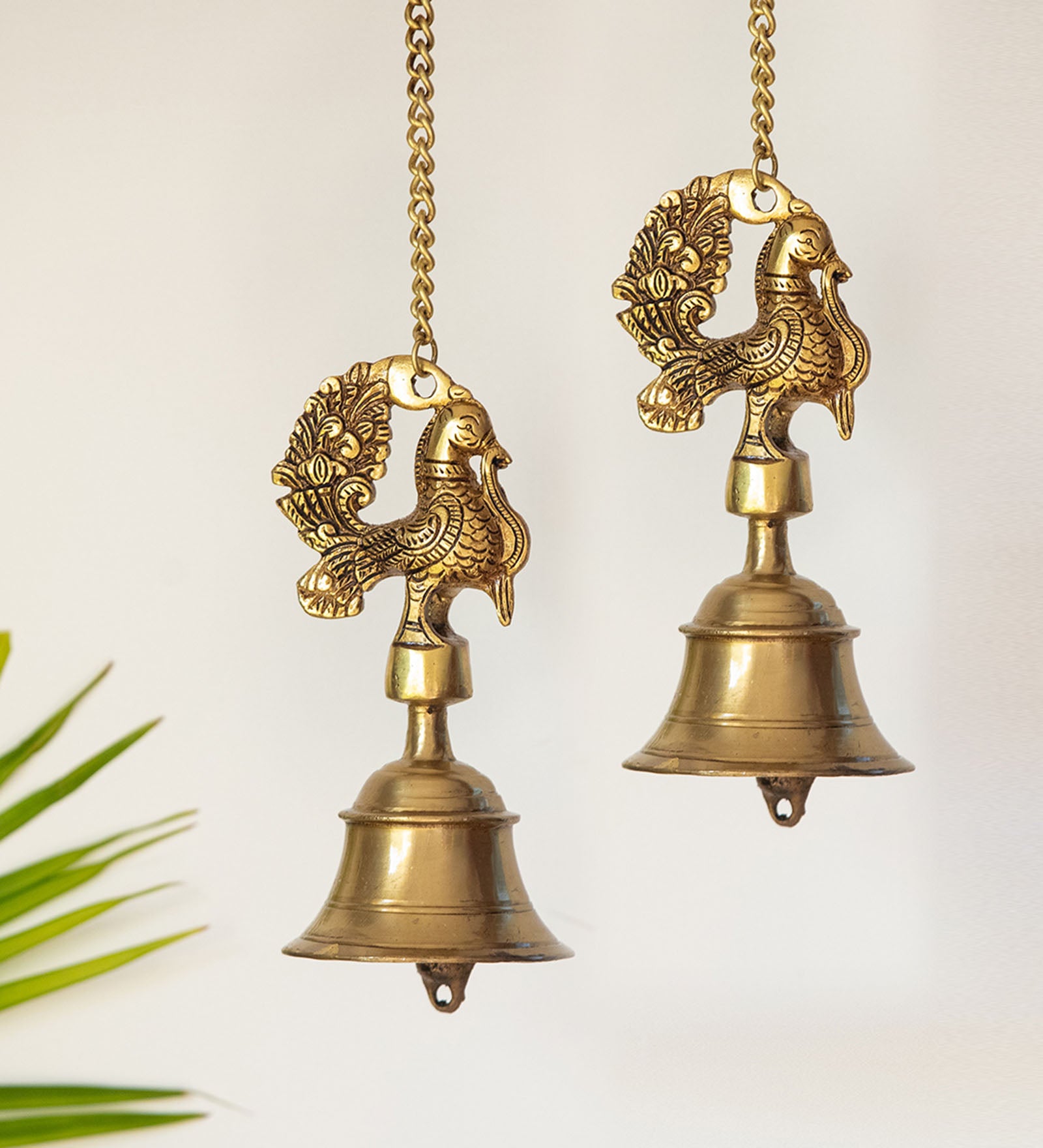 Elegant Peacock Hand-Etched Decorative Hanging Bell In Brass (Set of 2 ...