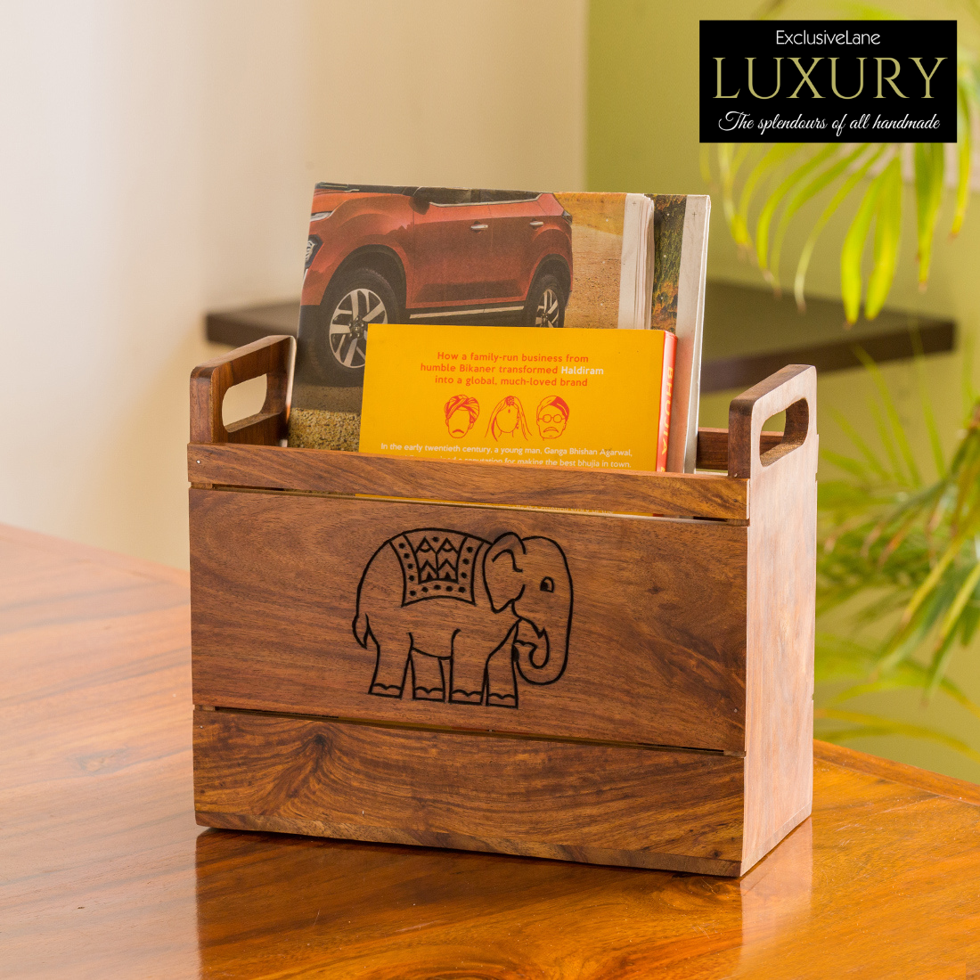 'The Elephant Warriors' Hand Carved Table Magazine Stand In Sheesham W ...