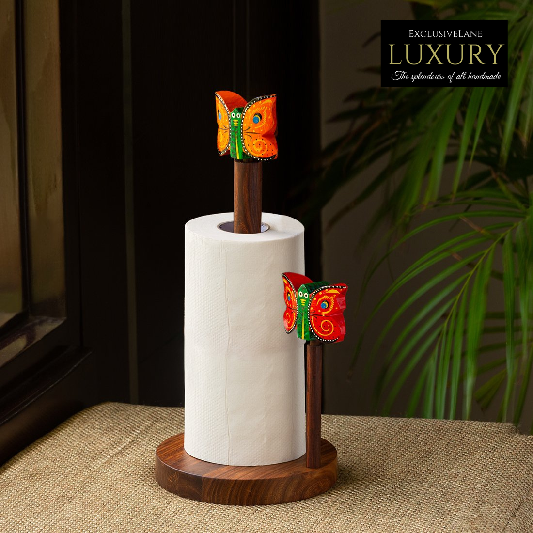 'Vibrant Flutter' Handcrafted Kitchen Tissue Roll Holder In Sheesham W ...