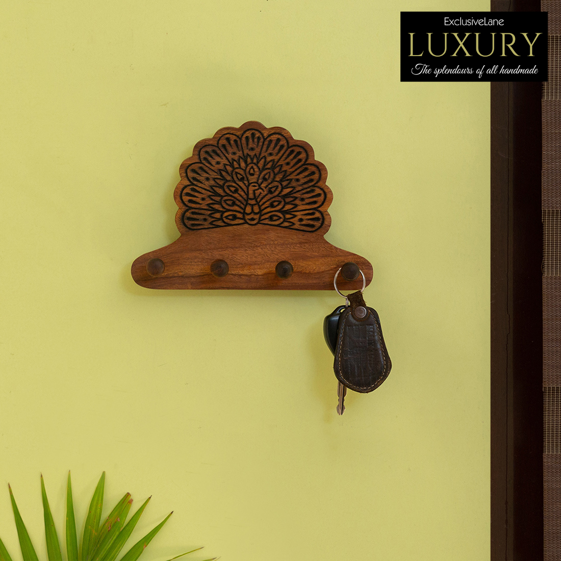 'The Dancing Peacock' Hand Carved Key Holder in Sheesham Wood (4 Hooks ...