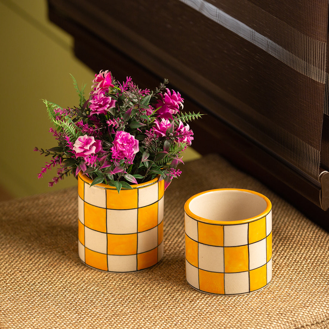 'Shatranj Checkered' Handpainted Planter Pots In Ceramic (Set of 2 ...