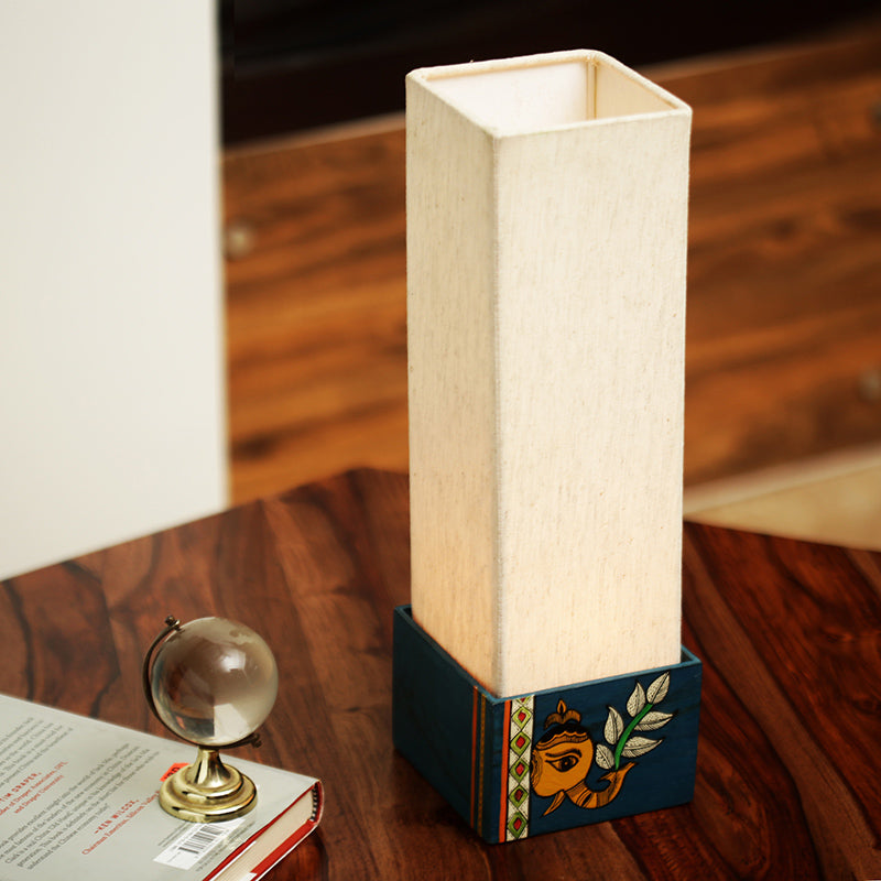'The Blueberry Elephant' Madhubani Hand-Painted Square Table Lamp In W ...